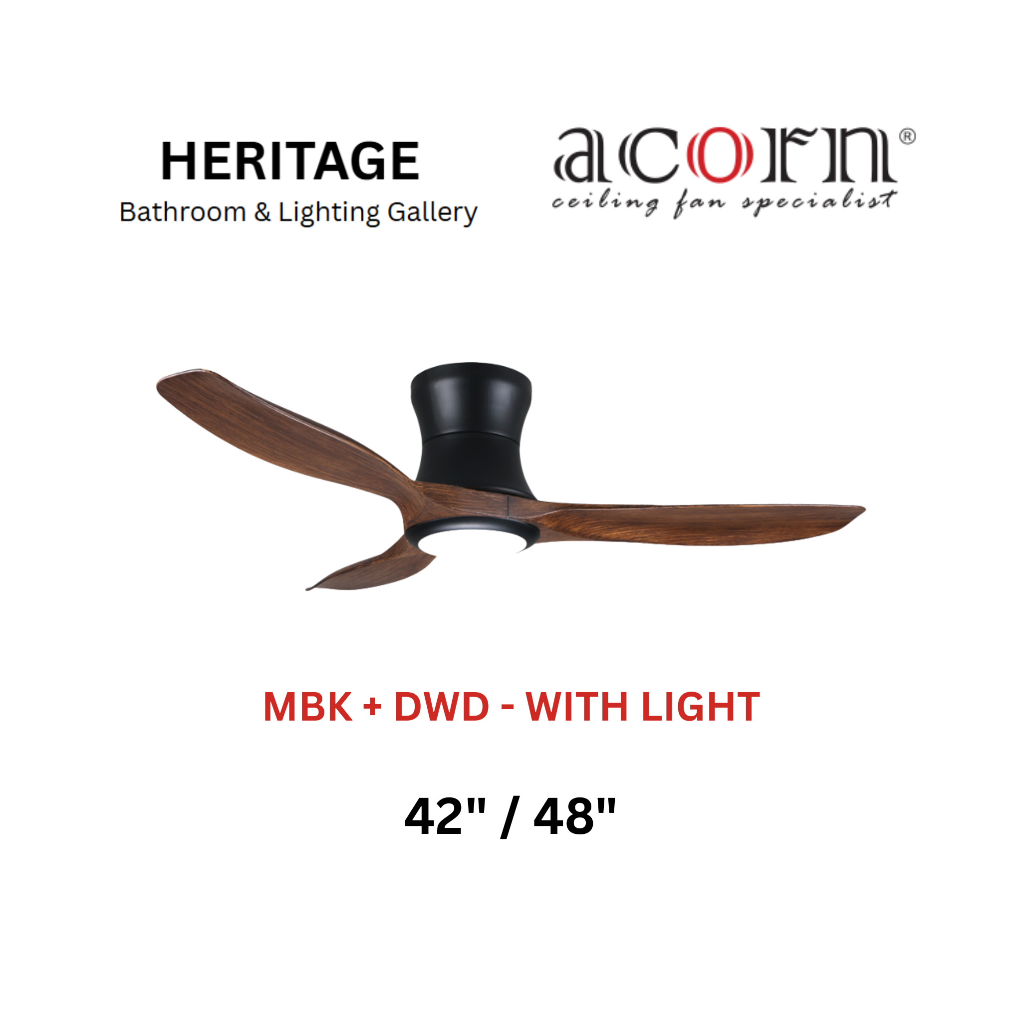 Acorn DC-168H MBK+DWD With Light Ceiling Fan – Heritage Bathroom Gallery
