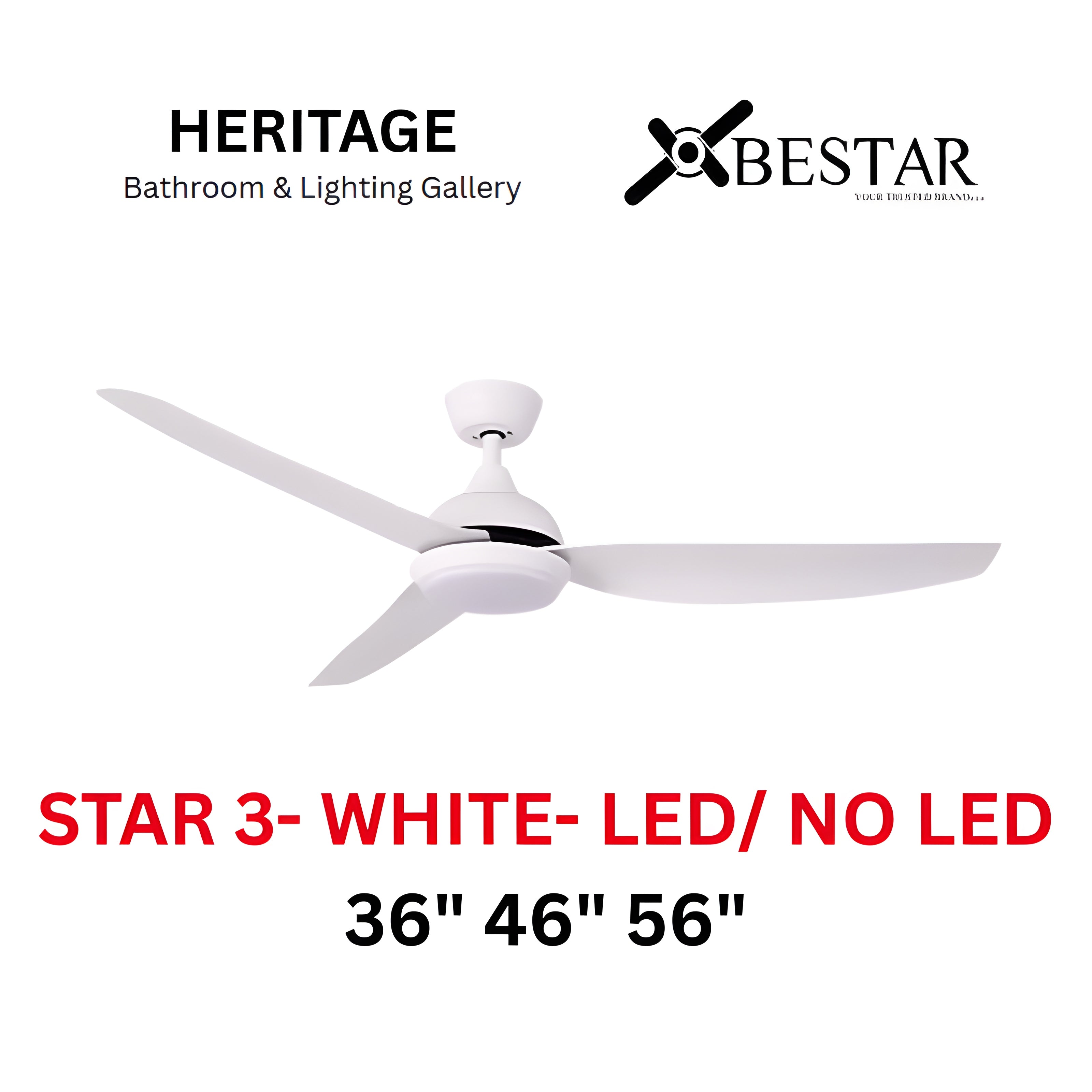Bestar Star-3 36"/46"/56" Ceiling Fan (MATT WHITE) – Heritage Bathroom ...