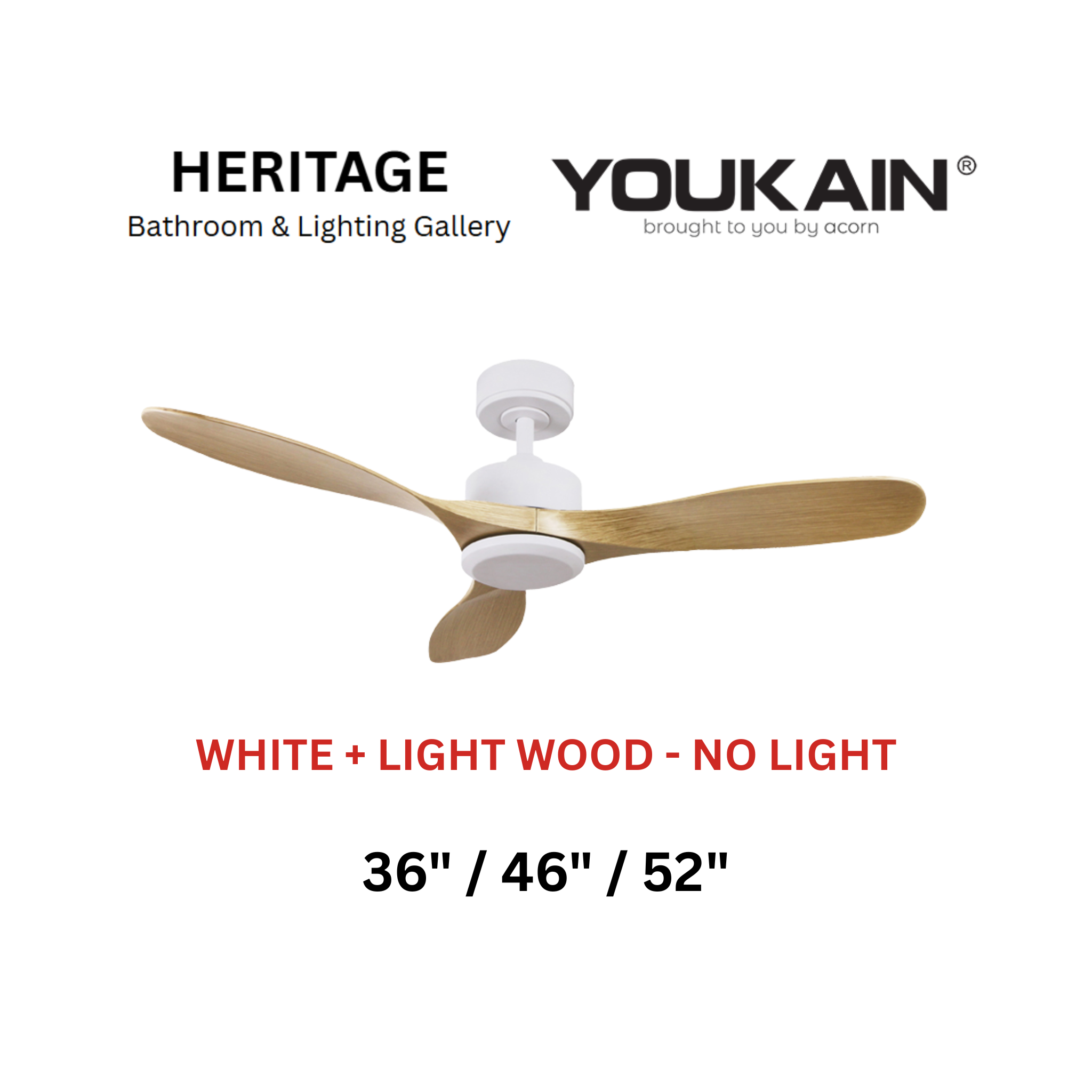 Youkain YJ-668 White + Light Wood No Light Ceiling Fan – Heritage ...