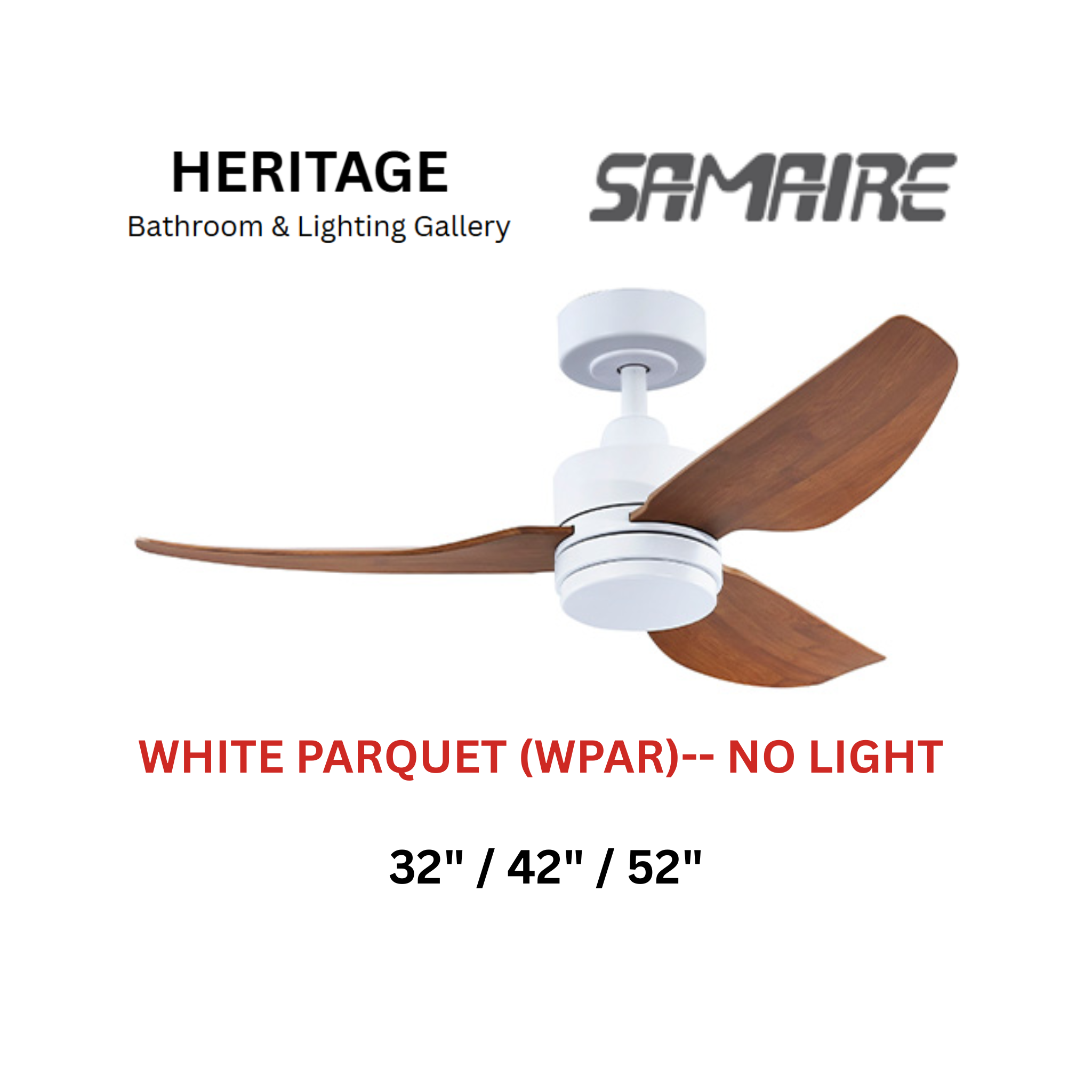 Samaire 3 Blade White Parquet (WPAR) No Light Ceiling Fan – Heritage ...